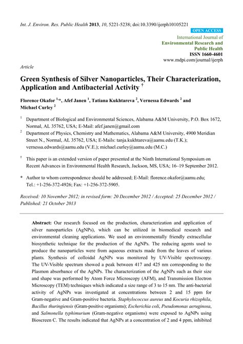 Pdf Green Synthesis Of Silver Nanoparticles Their Characterization