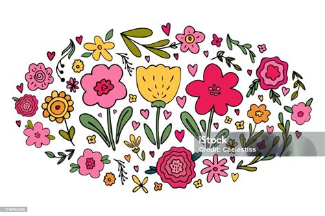 꽃 허브 가지 심장 다양한 손으로 그린 간단한 꽃 낙서의 큰 세트 한정 팔레트 색상의 봄 여름 꽃의 귀여운 벡터 일러스트 밝은 유치한 디자인 요소 격리 0명에 대한 스톡