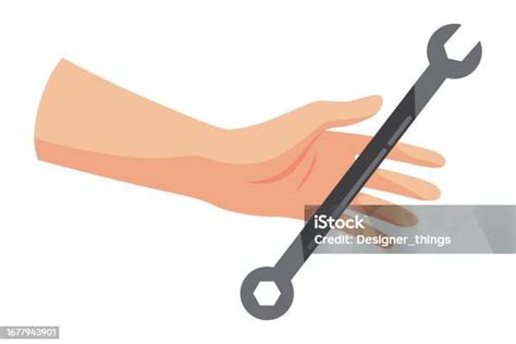손에 건설 도구 렌치 또는 스패너 플랫 디자인의 수리 및 가사 장비 벡터 그림 건물 리노베이션을 위한 마스터 도구 렌치에 대한