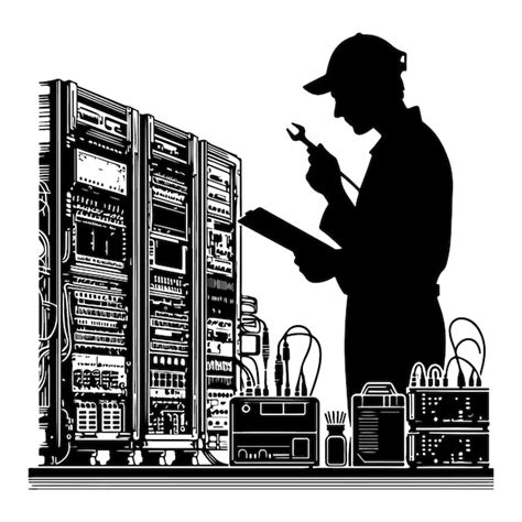 Vector Silhouette Of An Engineer Troubleshooting Equipment In A Tech Vector Silhouette Of An Engineer Troubleshooting Equipment In A Tech
