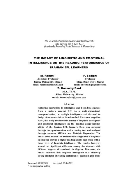 Pdf Linguistic Intelligences Role In Reading Success