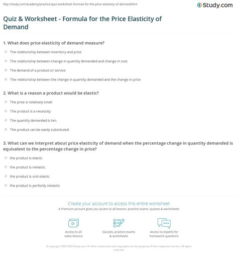 Quiz Worksheet Formula For The Price Elasticity Of Demand Study