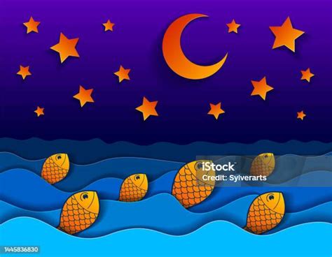 종이 잘라 스타일에서 재미 있는 만화 물고기와 아름 다운 밤 바다 파도와 달의 매력적인 라인과 하늘에 별 완벽 한 현대 벡터 일러스트 레이 션 3차원 형태에 대한 스톡 벡터