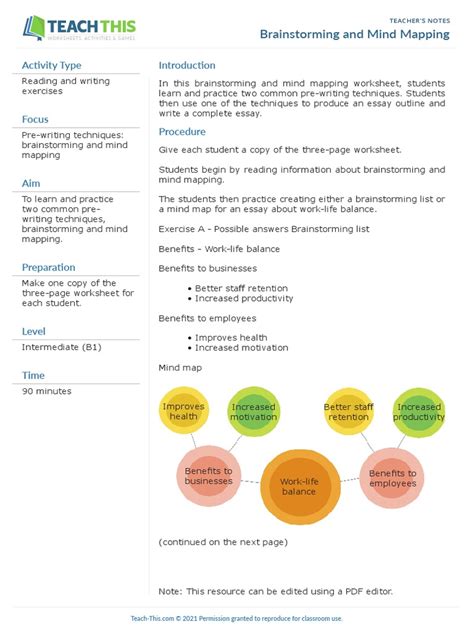 Brainstorming And Mind Mapping Worksheet Pdf Brainstorming Employment
