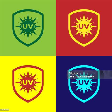 컬러 배경에 고립 된 색상 Uv 보호 아이콘입니다 태양과 방패 울트라 바이올렛 광선 방사선 Spf 태양 기호입니다 평면 디자인입니다 벡터 일러스트 개념에 대한 스톡 벡터