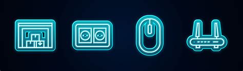 라인 창고 전기 콘센트 컴퓨터 마우스 및 라우터 및 Wifi 신호를 설정합니다 빛나는 네온 아이콘입니다 벡터 0명에 대한 스톡 벡터 아트 및 기타 이미지 Istock