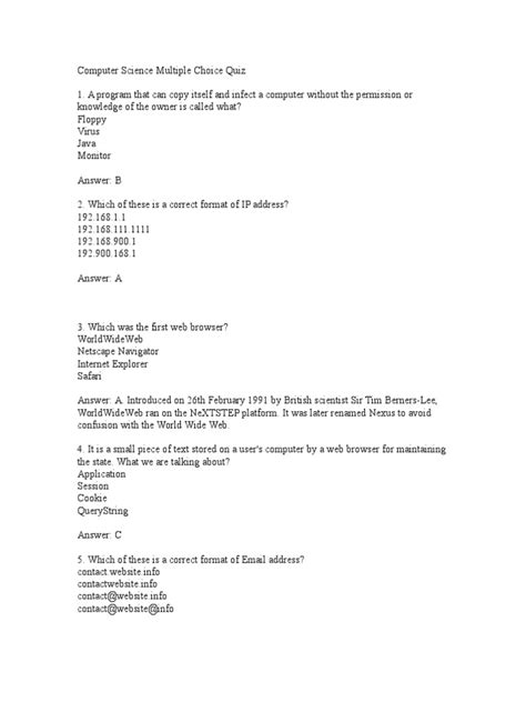 Computer Science Multiple Choice Quiz Operating System World Wide Web
