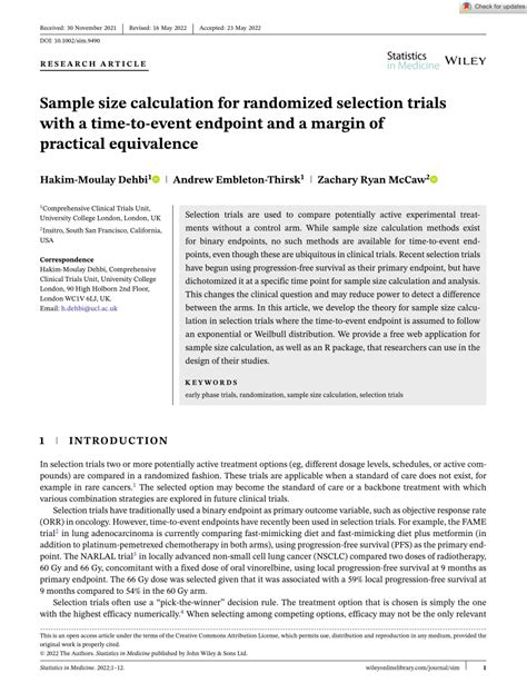 Pdf Sample Size Calculation For Randomized Selection Trials With A