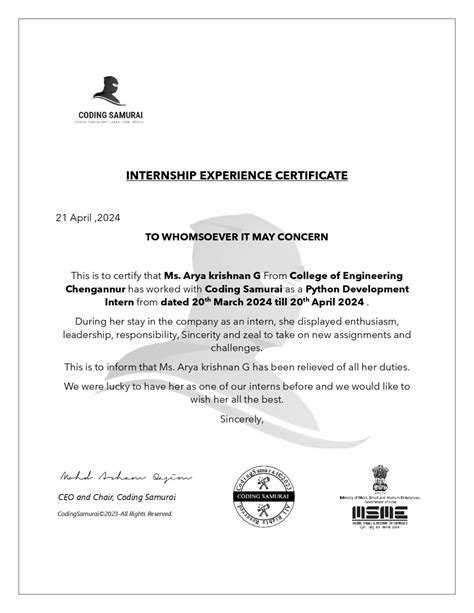 Arya Krishnan G On Linkedin Internship Codingsamurai