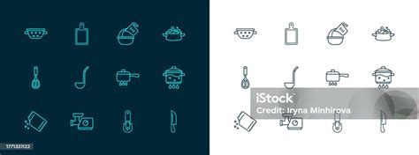 세트 라인 요리 냄비 부엌 고기 분쇄기 불에 피자 나이프 국자 계량 컵과 그릇 소쿠리 및 도마 아이콘 벡터 강철에 대한 스톡 벡터 아트 및 기타 이미지 Istock