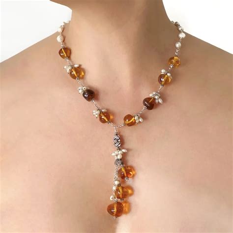 Amber And Pearl Cascade Necklace