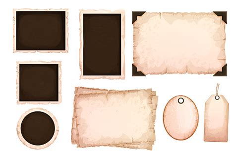 밧줄로 빈티지 라벨을 설정하고 사진 프레임 조각 종이 나비 흰색 배경에 격리된 오래된 상자 질감이 있는 빈 프레임을 설정합니다 벡터 그림 0명에 대한 스톡 벡터 아트 및