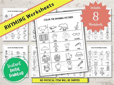 Rhyming Word Matching Worksheets Preschool Learning Etsy