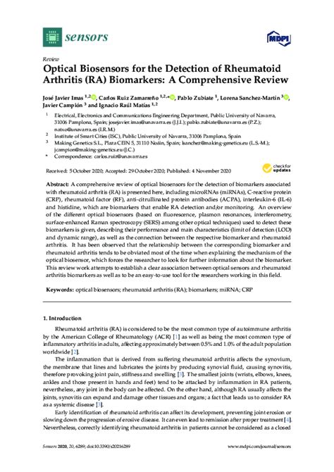 Pdf Optical Biosensors For The Detection Of Rheumatoid Arthritis Ra Biomarkers A