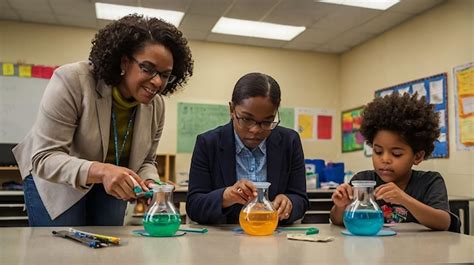 Three Girls Are Looking At A Scientific Experiment With A Scientific Experiment Premium Ai