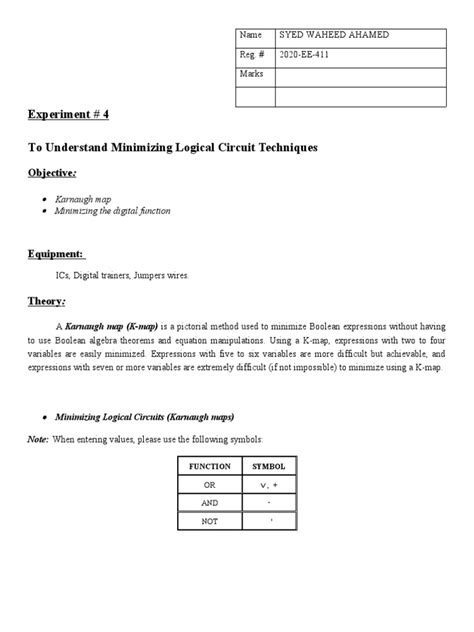 Experiment 4 To Understand Minimizing Logical Circuit Techniques Pdf Mathematics Of