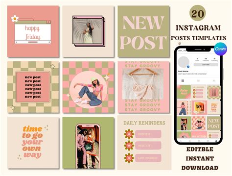 Pink Green Instagram Posts Editable Social Media Templates Instagram Theme Cohesive Feed