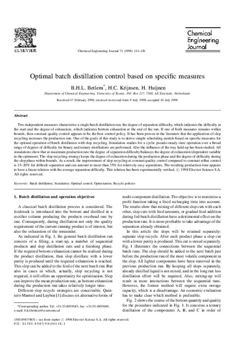 Pdf Optimal Batch Distillation Control Based On Specific Measures
