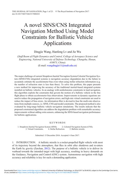 Pdf A Novel Sinscns Integrated Navigation Method Using Model Constraints For Ballistic