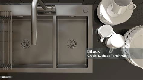 현대 최소한 럭셔리 갈색 나무 부엌 캐비닛 카운터 검은 조리대 더블 싱크대 접시 그릇 컵 광장 타일 스플래쉬 백 배경 3d에