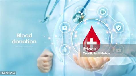 헌혈 개념입니다 세계 헌혈자의 날 인식 의사는 의료 십자가 아이콘과 의학 아이콘 네트워크 연결이 있는 혈액 한 방울을 가상