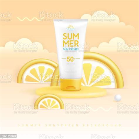 3d 연단과 레몬 또는 오렌지 조각이 있는 자외선 차단제 튜브가 있는 여름 배경 화려한 여름 풍경입니다 벡터 그림 0명에 대한 스톡 벡터 아트 및 기타 이미지 Istock