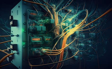 A Computer Screen With Wires And A Blue Background With A Green And Orange And Blue Color