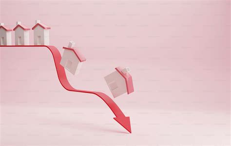 화살촉이 떨어지는 부동산 시장의 그래프 경기 침체 부동산 사업의 주택 가격 하락 부동산 시장 침체 주택 시장이 하락하고 있습니다 3d 렌더링 그림 사진
