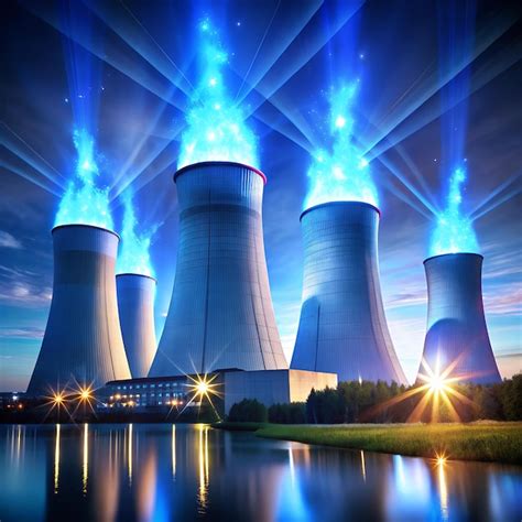 Hightech Power Station With Glowing Reactors Emitting Blue Energy Beams Into The Sky Premium