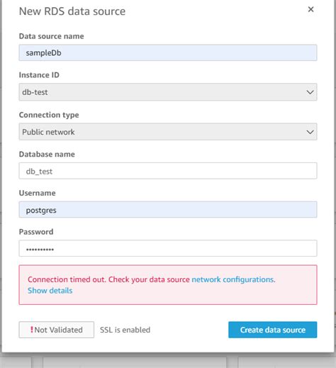 postgresql rds data source validation timeout amazon quicksight