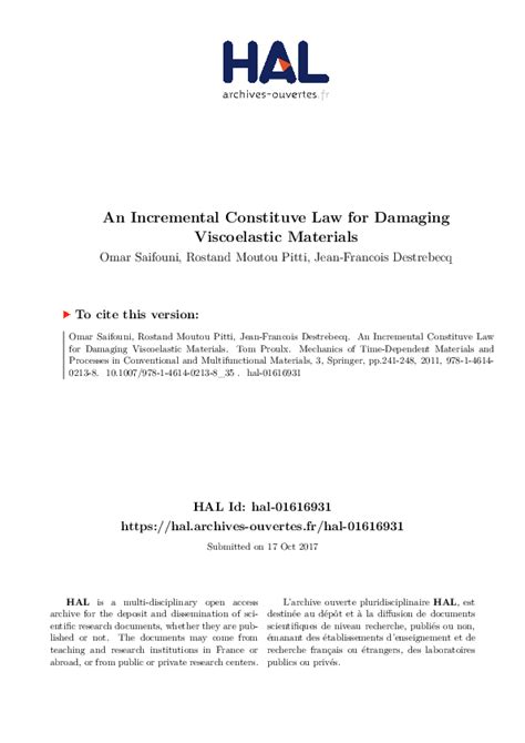 Pdf An Incremental Constituve Law For Damaging Viscoelastic Materials