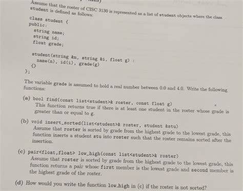 Solved Assume That The Roster Of Cisc 3130 Is Represented As
