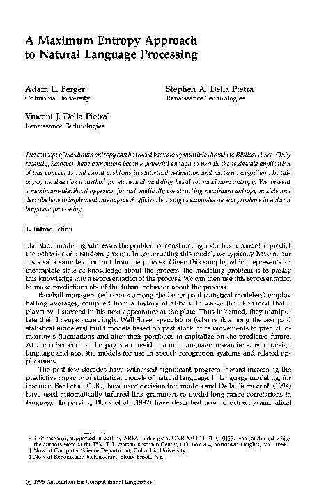 Pdf A Maximum Entropy Approach To Natural Language Processing