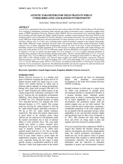 Genetic Parameters For Yield Traits In Wheat Pdf Statistics
