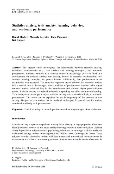 Pdf Statistics Anxiety Trait Anxiety Learning Behavior And Academic Performance