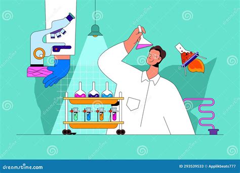 Science Laboratory Web Concept With Character Scene Scientist Making Chemical Reaction In