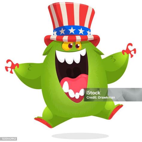 미국 독립 기념일에 미국 삼촌 샘 모자를 입고 만화 재미있는 괴물 외계인 생물 캐릭터의 벡터 그림 0명에 대한 스톡 벡터 아트 및 기타 이미지 Istock
