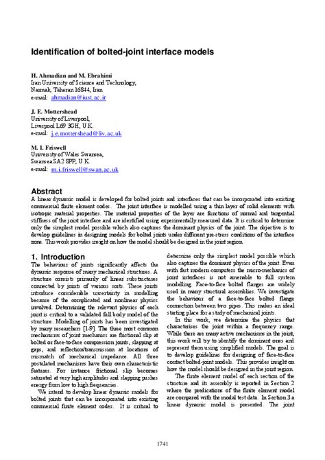 Pdf Identification Of Bolted Joint Interface Models Mehdi Ebrahimi Mamaghani And Hamid