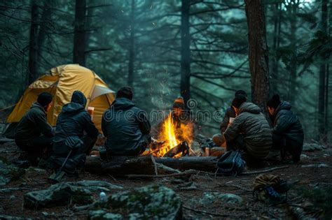 Campers Gather Around A Burning Fire In A Forest Stock Illustration