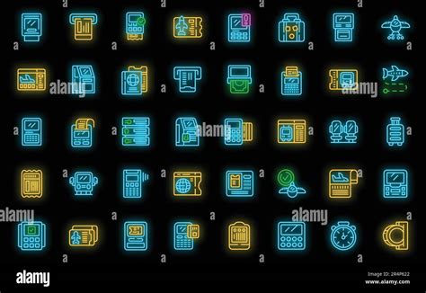 Ticket Terminal Icons Set Outline Vector City Mobile Security Travel Neon Color On Black Stock