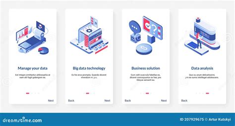 Big Data Management Digital Technology Isometric Ux Ui Mobile App Page Screen Set Stock