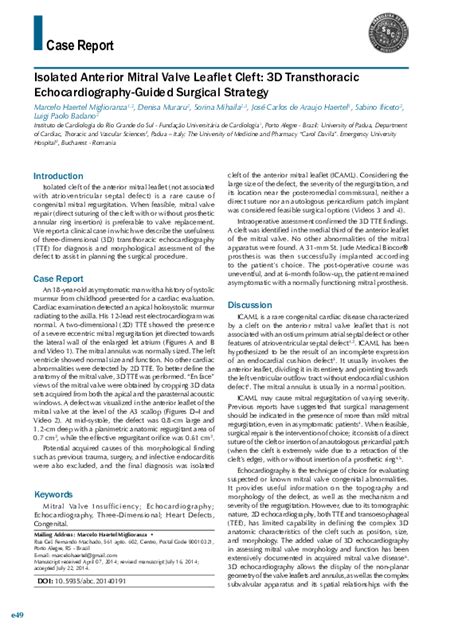 Pdf Isolated Anterior Mitral Valve Leaflet Cleft 3d Transthoracic