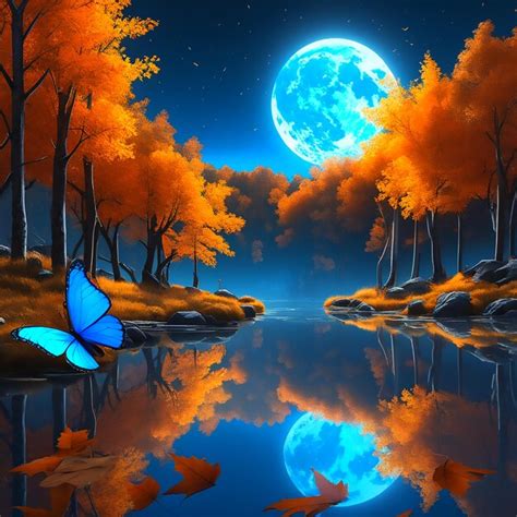 Premium Photo Moonlight Pours Down Blue Light Butterflies Fog Water