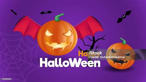 대접 또는 재미있는 파티 판타지 트릭 보라색 배경 디자인에 날개가 달린 빛나는 호박의 3d 그림 거미에 대한 스톡 벡터 아트 및 기타 이미지 Istock