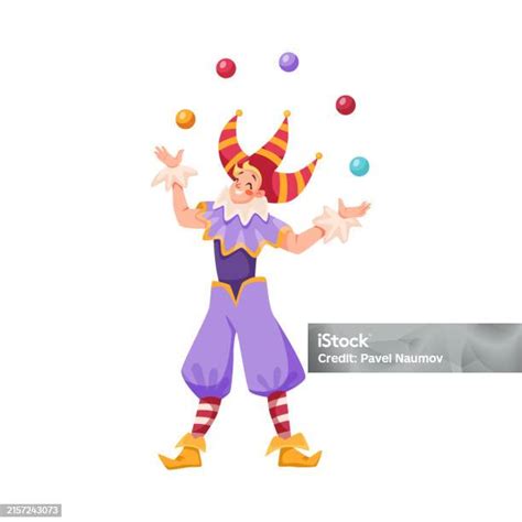 남자 광대 또는 광대 저글링 공 에서 그만큼 공중 아이 동화 캐릭터 벡터 일러스트 공연에 대한 스톡 벡터 아트 및 기타 이미지
