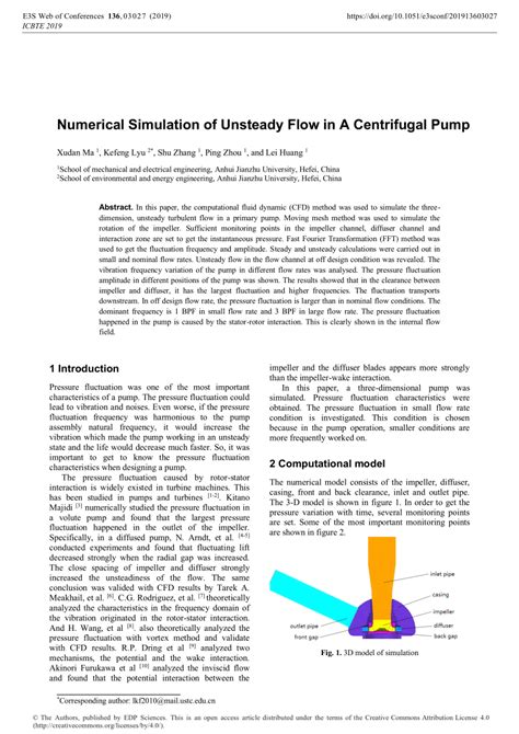 Pdf Numerical Simulation Of Unsteady Flow In A Centrifugal Pump