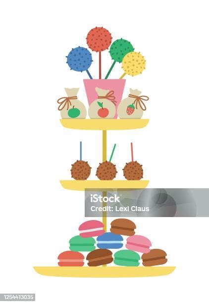 레이어드 스탠드에 벡터 생일 디저트 카드 포스터 프린트 디자인에 대한 귀여운 재미있는 축하 치료 일러스트 케이크 팝 마카롱 과일을 가진 아이들을위한 밝은 휴가 개념 마카롱에