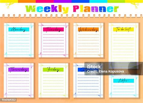 일일 계획의 개념 만화 스타일의 수업 일정 추상적인 색 배경에 대한 수업과 수업의 주간 플래너 다중 색상 배경에 대한 스톡 벡터