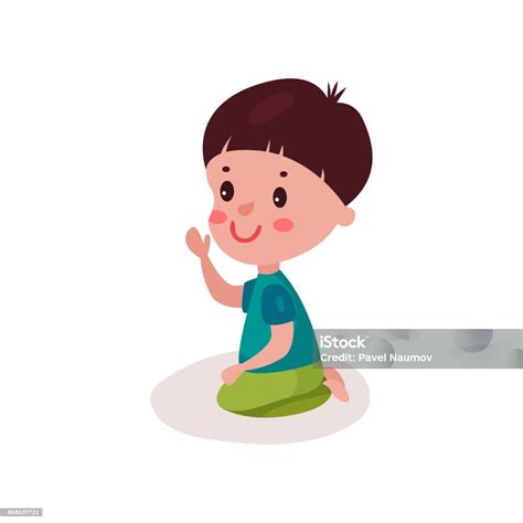 어두운 머리 어린 소년 바닥에 앉아있는 귀여운 아이 학습 하 고 화려한 만화 벡터 일러스트 레이 션 재생 귀여운에 대한 스톡