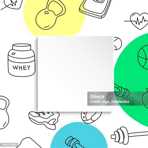 피트 니스 배너 손으로 그려 체육관 패턴 및 3d 종이 접시 운동 및 운동에 대 한 낙서 아이콘입니다 스포츠 라이프 스타일 라인